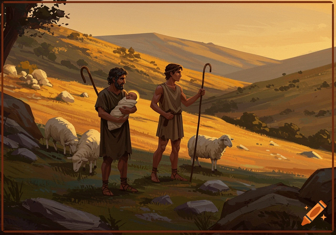 Illustration of two shepherds, one holding a baby, with sheep on a hillside at sunset. on Craiyon