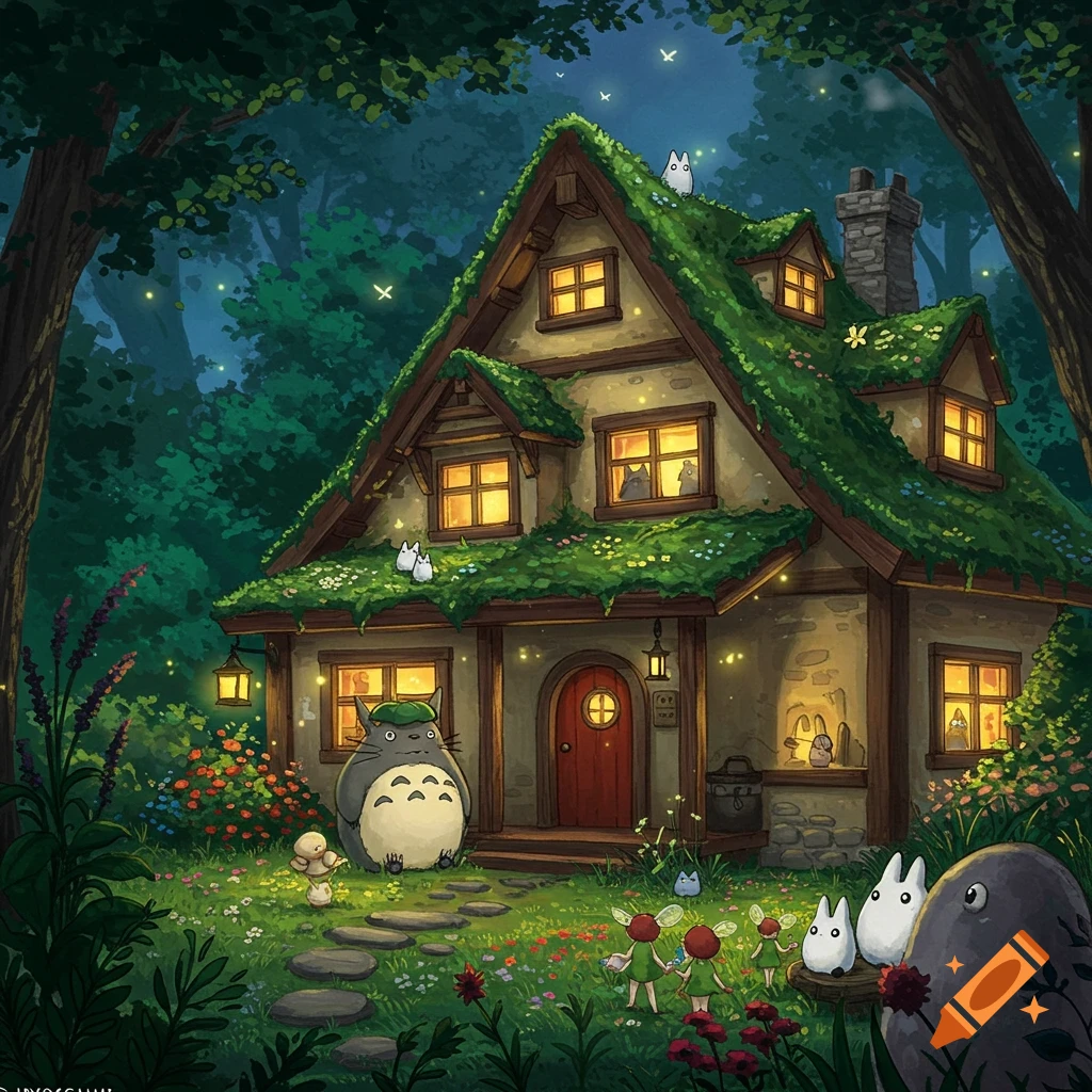 Illustrated fantasy house in a forest with Totoro and other creatures ...
