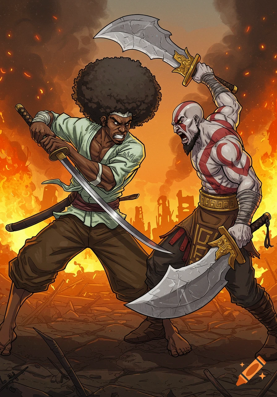 Afro Samurai and Kratos clash swords in a fiery illustration. on Craiyon