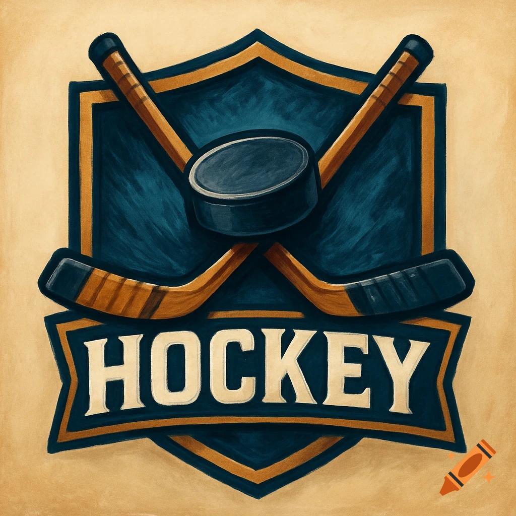 An illustrated hockey logo with crossed sticks, a puck, and the word ...