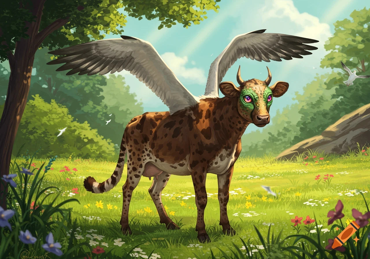 A winged cow-like creature with green chameleon eyes stands in a sunny ...