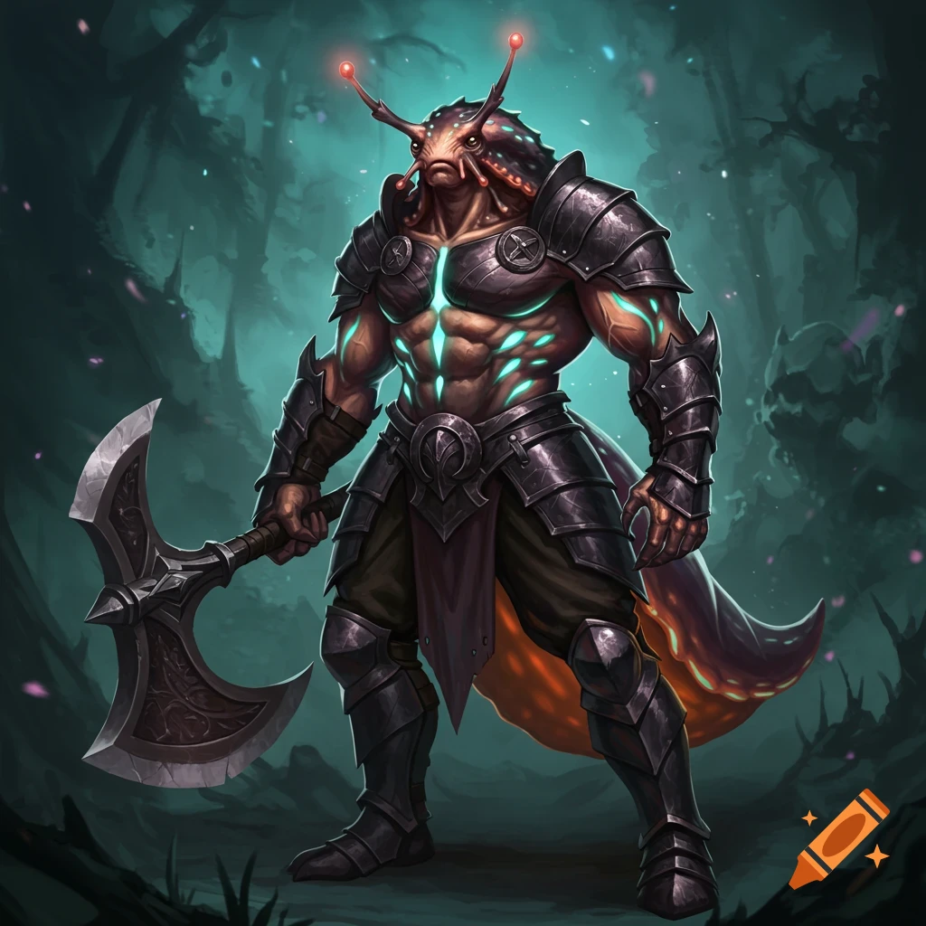 A slug-headed humanoid fantasy warrior in dark armor holds a large axe ...