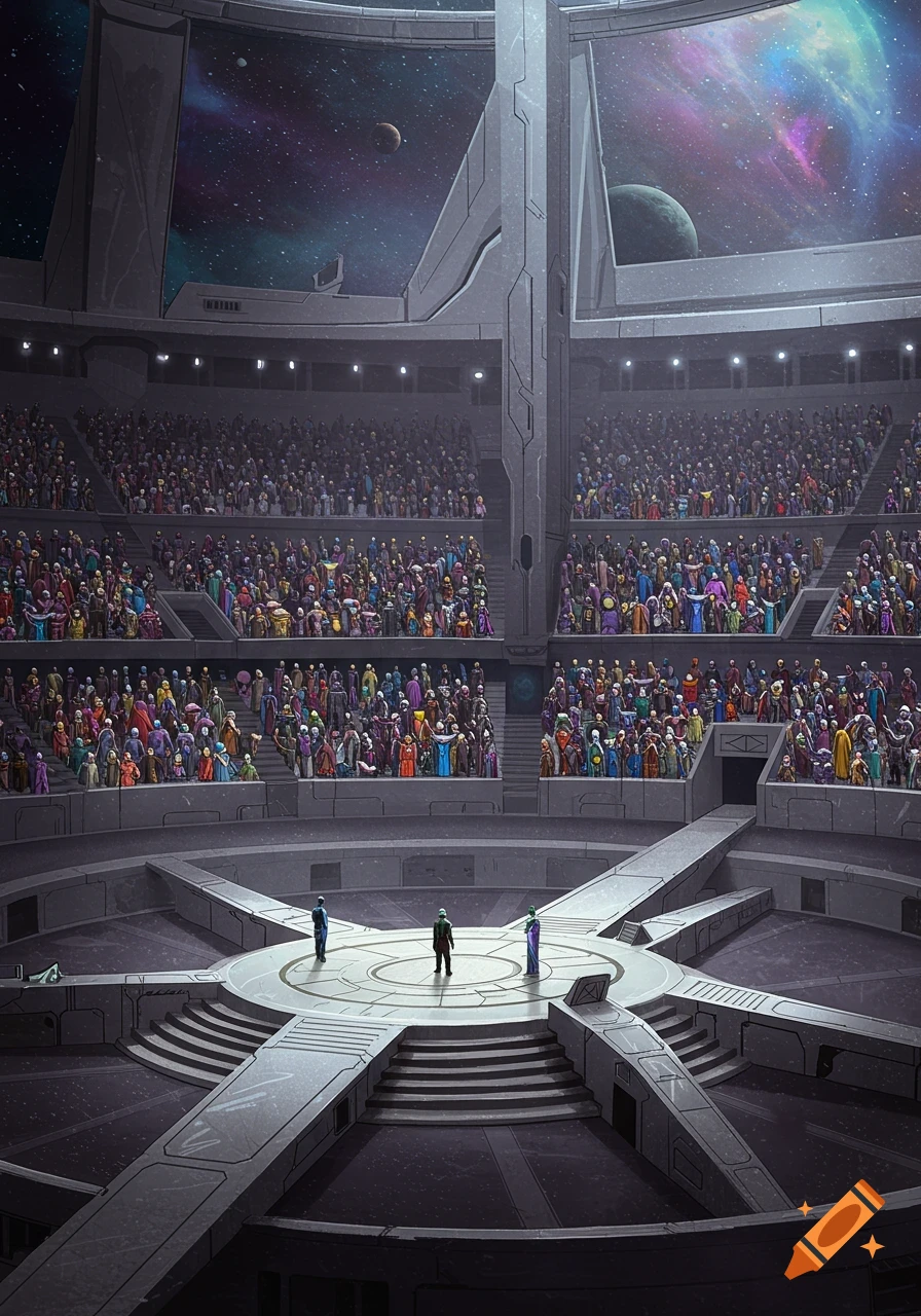 Vast futuristic alien council chamber filled with a diverse crowd, with ...