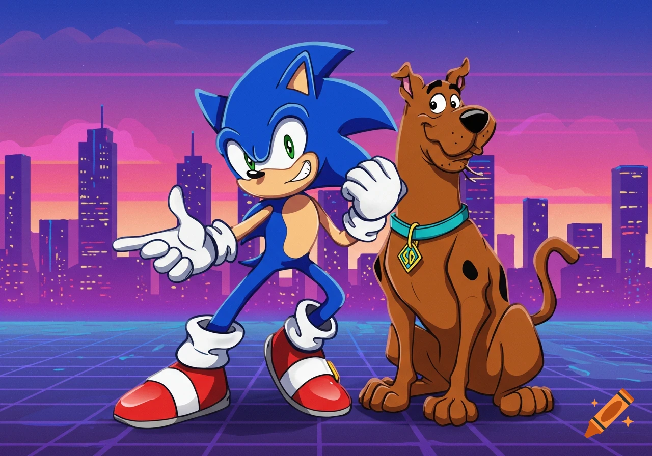 Sonic the Hedgehog and Scooby Doo stand against a cityscape and grid in ...