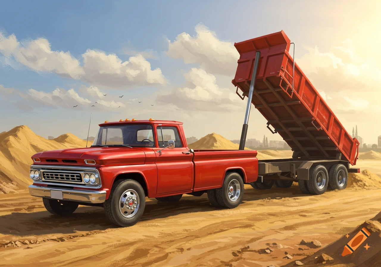 A red pickup truck pulls a dump trailer with its bed raised in a sandy ...