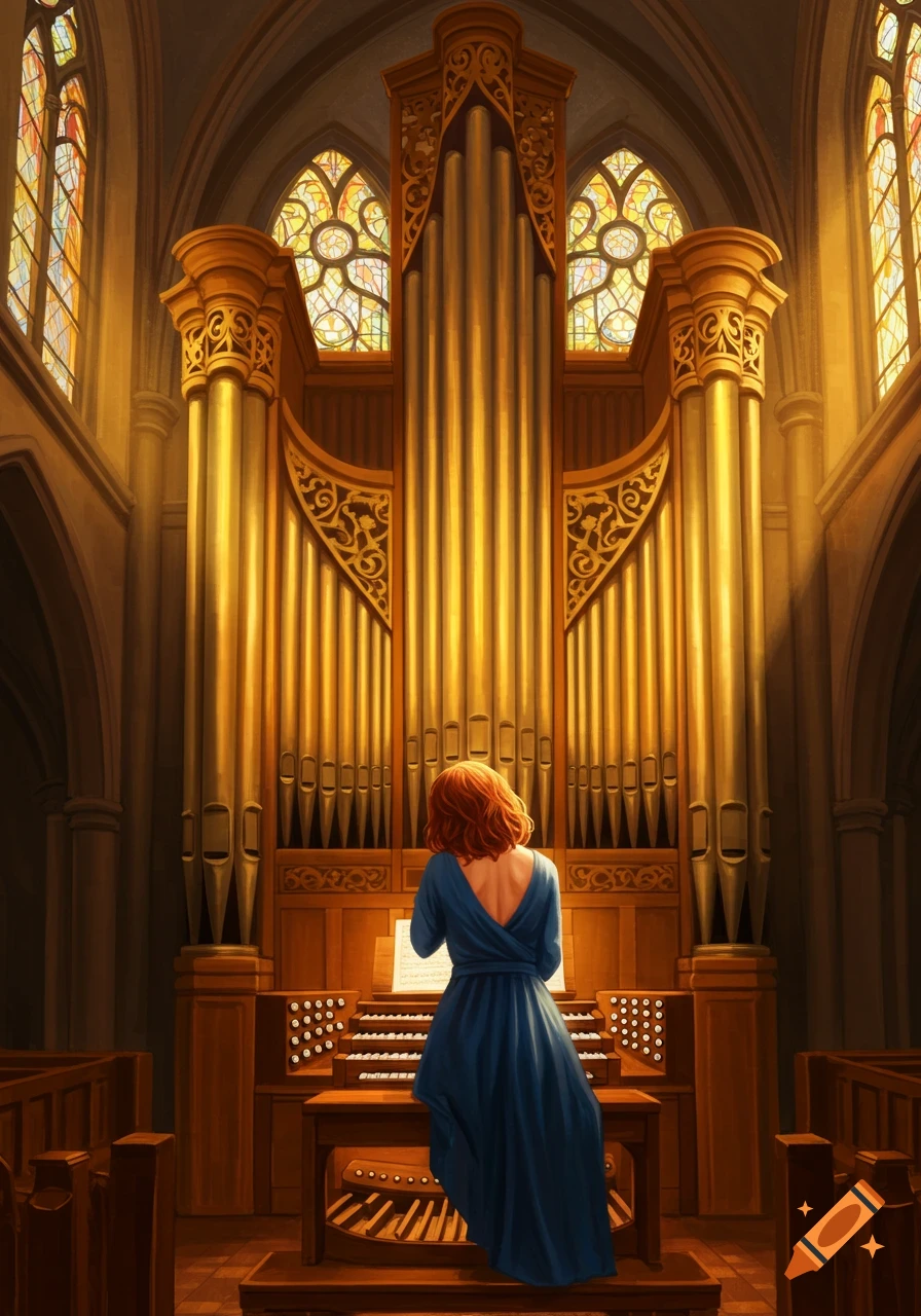 A woman plays a large pipe organ in a sunlit church interior. on Craiyon