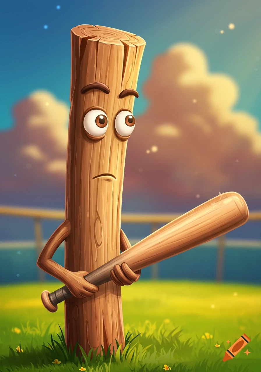 A cartoon wooden character holding a baseball bat in a field. on Craiyon