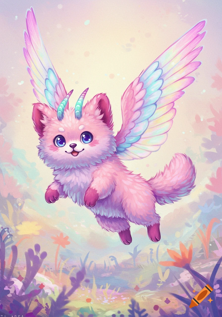 Fluffy pink creature with rainbow wings flies in a pastel fantasy ...