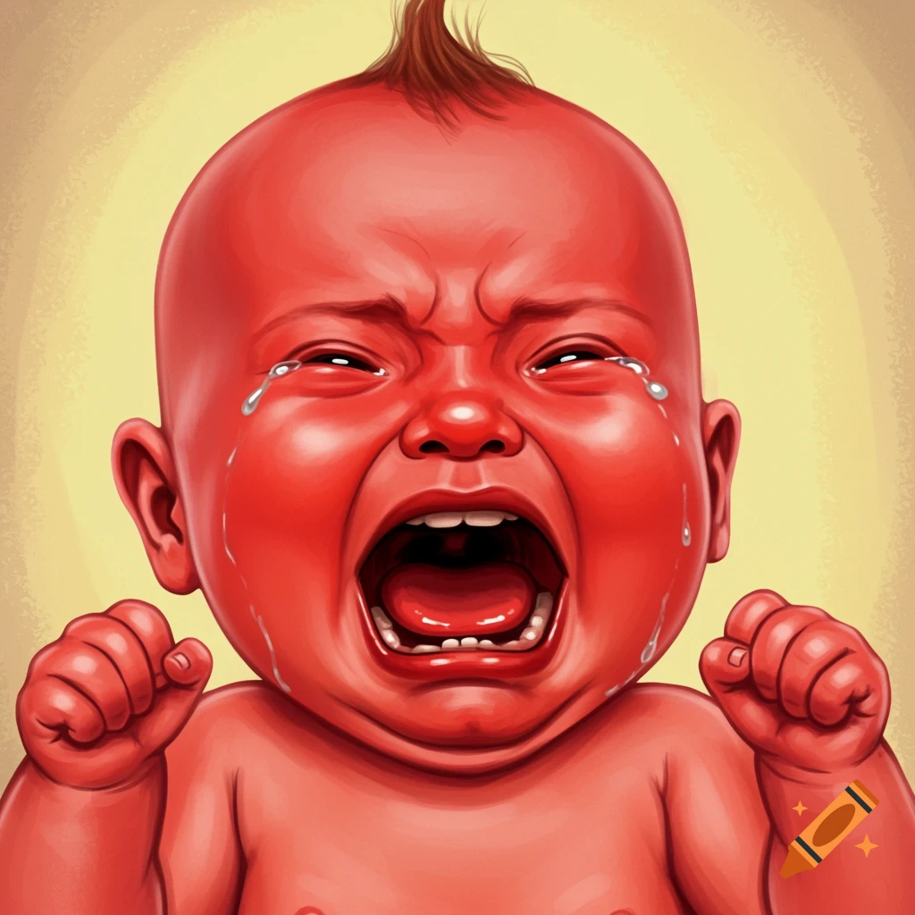 Illustration of a red-skinned baby screaming and crying. on Craiyon