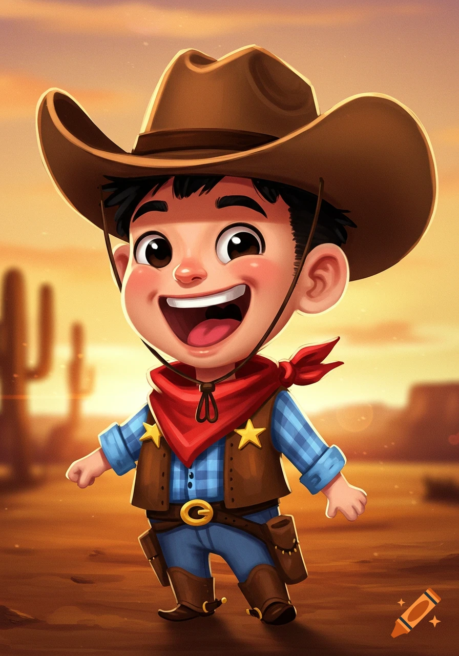 Cartoon boy in cowboy hat and outfit smiling in a desert landscape. on ...