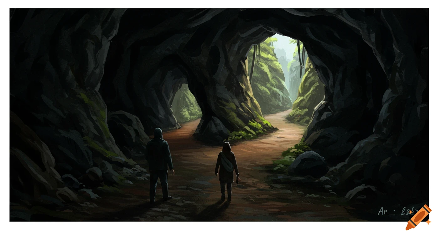 Two figures stand at a dark cave entrance looking out at diverging ...