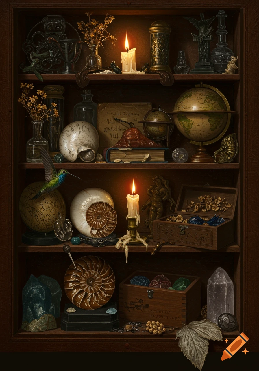 A detailed still life painting of a cabinet of curiosities filled with ...