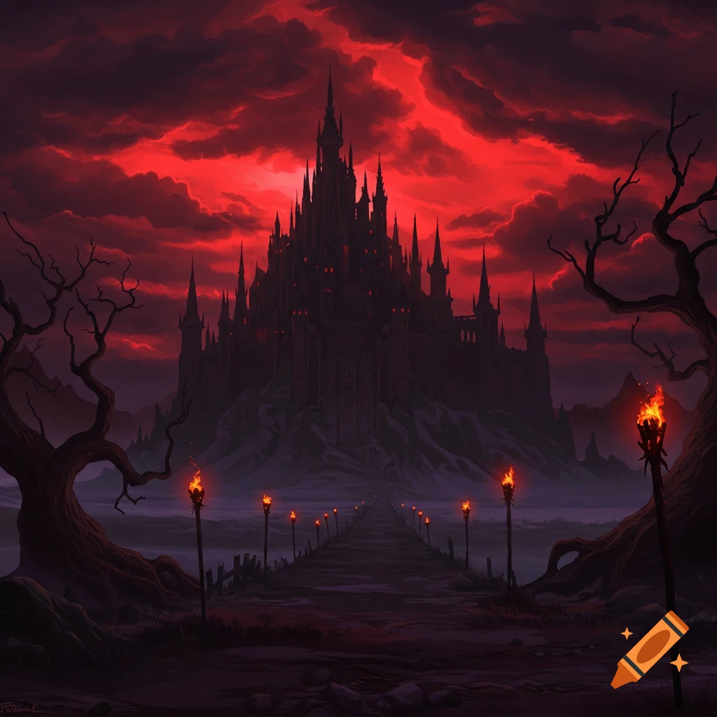 A dark, spired castle on a hill under a dramatic red sky, with a torch ...