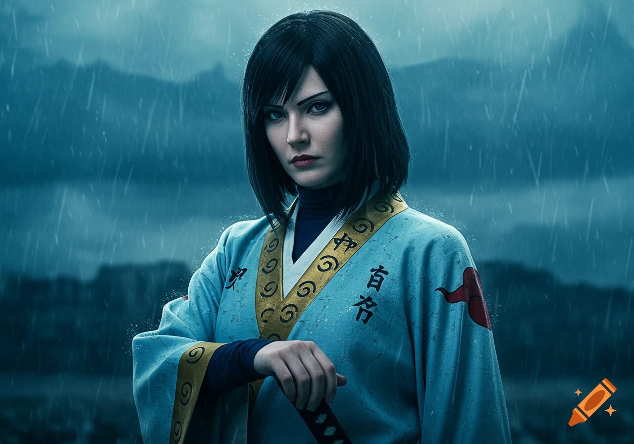 A woman in a light blue robe with Japanese characters holds a sword in ...