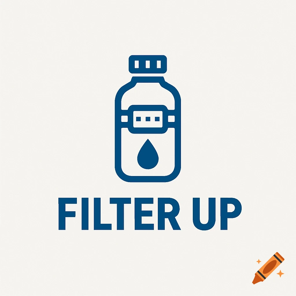 Blue icon logo for Filter Up water filter company showing a water bottle with a filter element ...