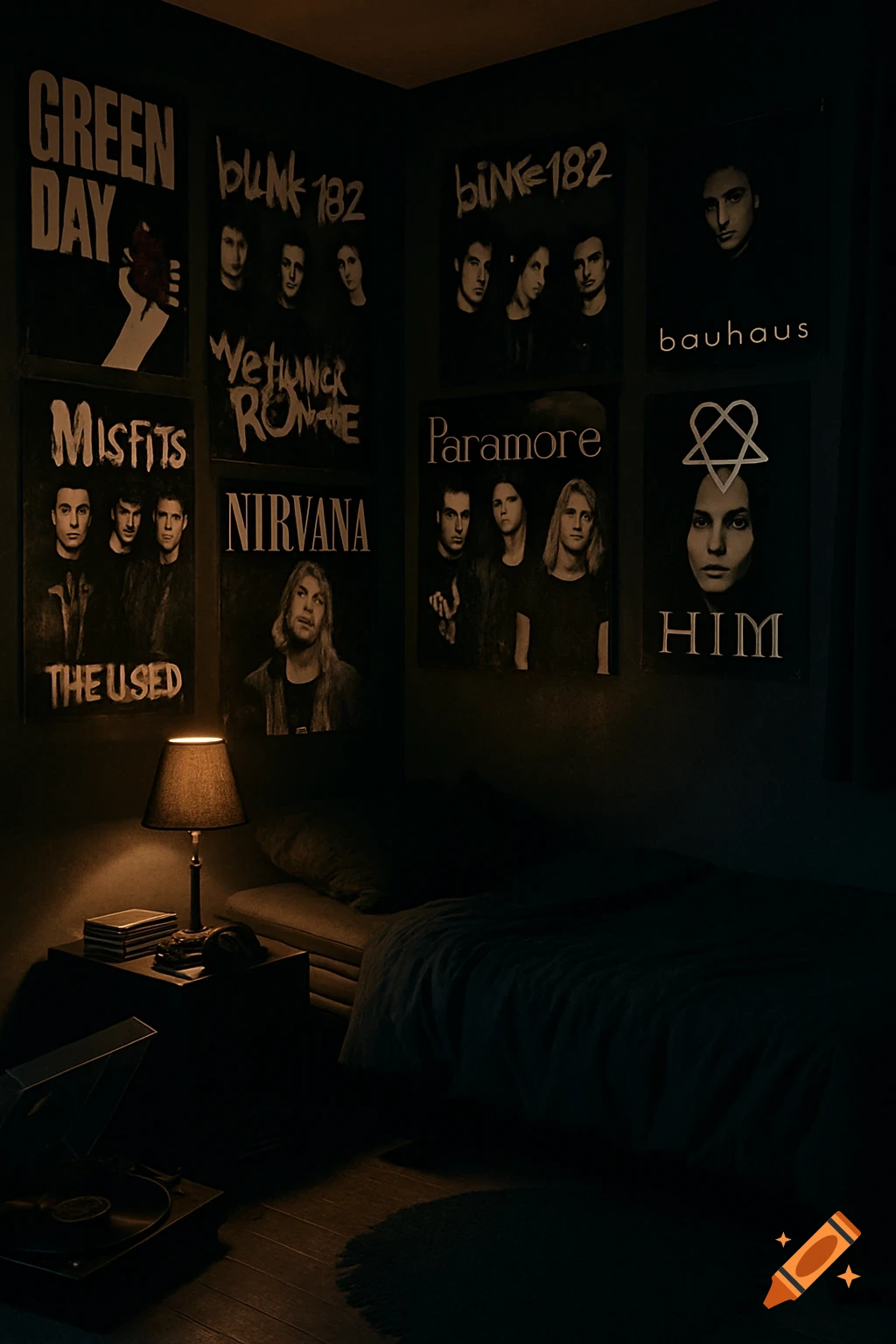 Dark emo bedroom interior with band posters on the walls, a bed, and a ...