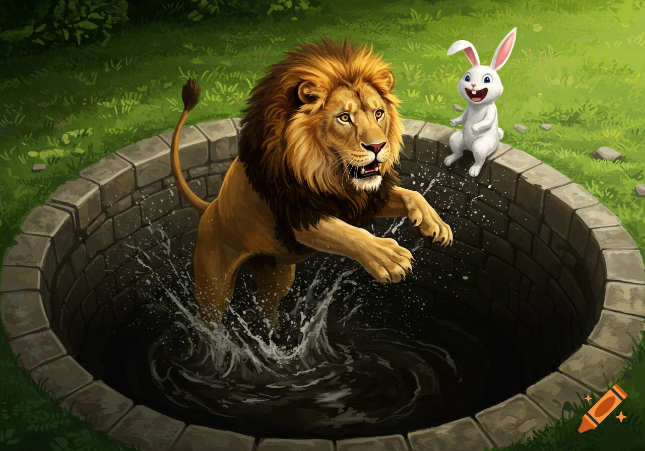 A cartoon illustration of a lion jumping into a well as a rabbit sits ...