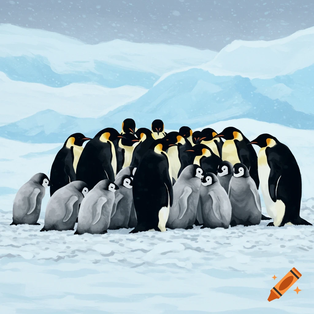 A group of emperor penguins huddle together in a snowy landscape ...