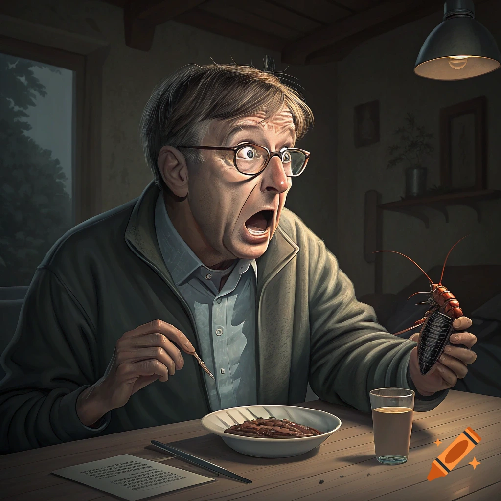 Man with shocked expression looks at a giant cockroach near food on a ...