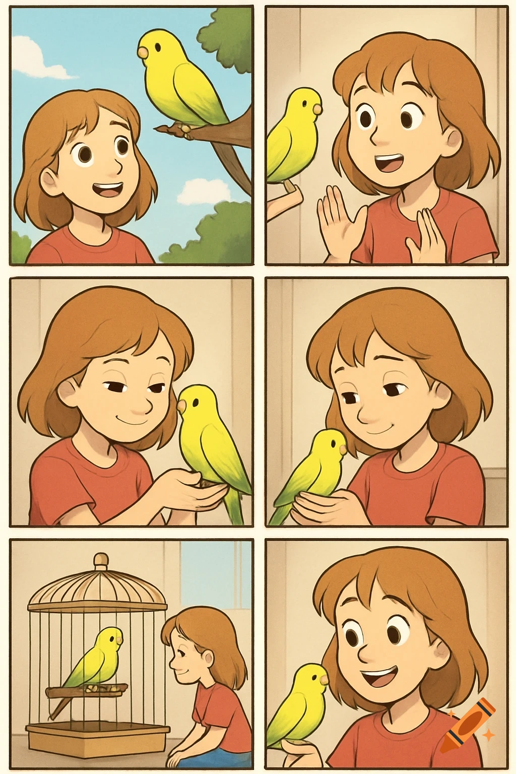 A six-panel comic strip shows a girl interacting with a yellow budgie ...