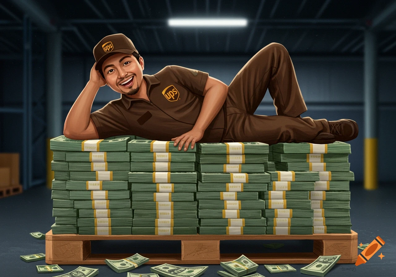 Illustration of a UPS driver laying on a pallet of cash. on Craiyon