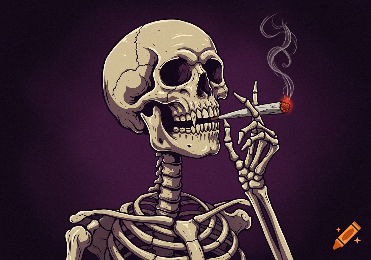 Illustration of a skeleton smoking a marijuana joint. on Craiyon