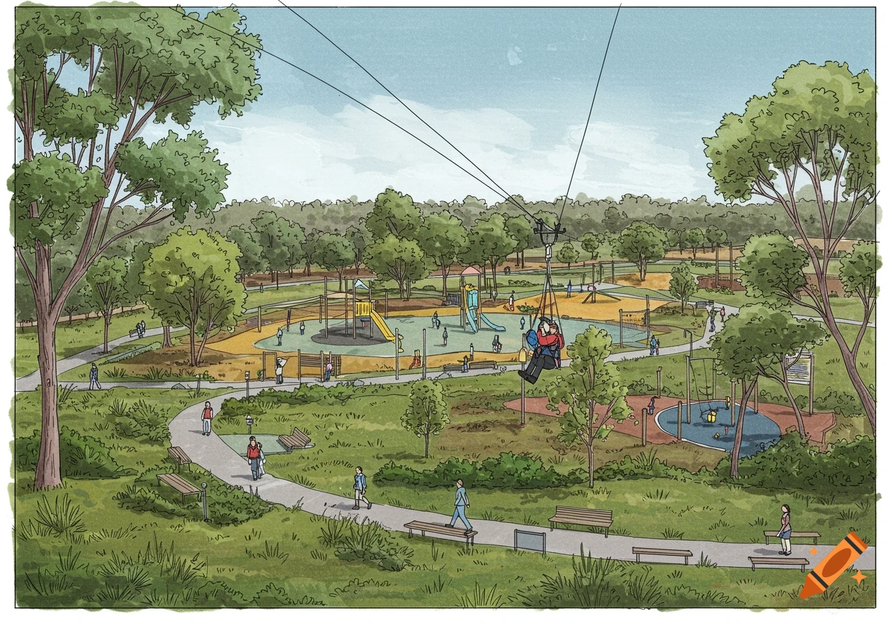A sketch illustration of a park with a playground, walking paths, trees ...
