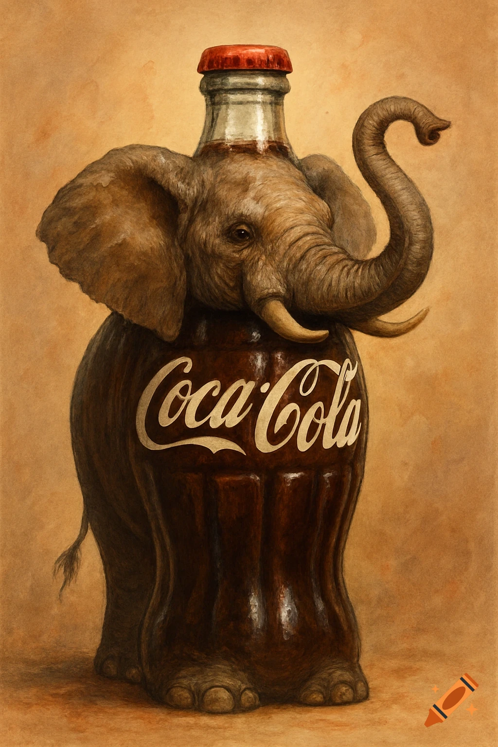 An elephant is merged with a Coca-Cola bottle, in a painterly style. on ...