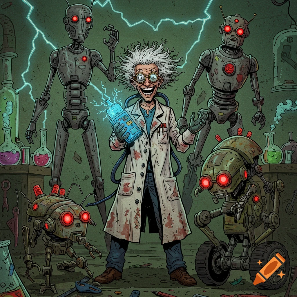 Cartoon illustration of a mad scientist holding a glowing device ...