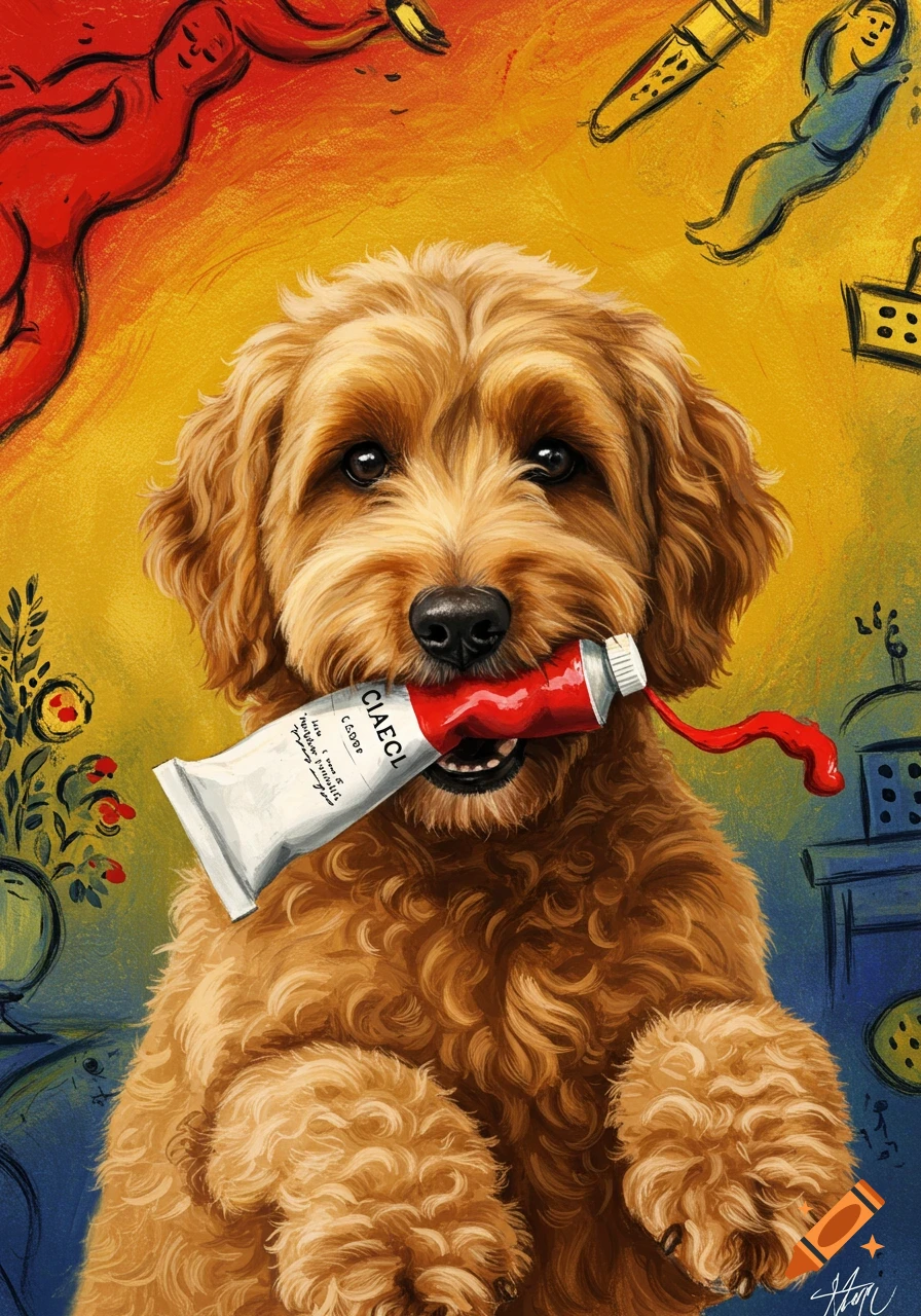 A golden doodle dog chews on a tube of red paint in the style of Marc ...