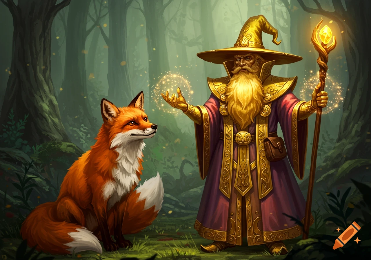A fox sits beside a golden wizard casting magic in a forest. Fantasy ...
