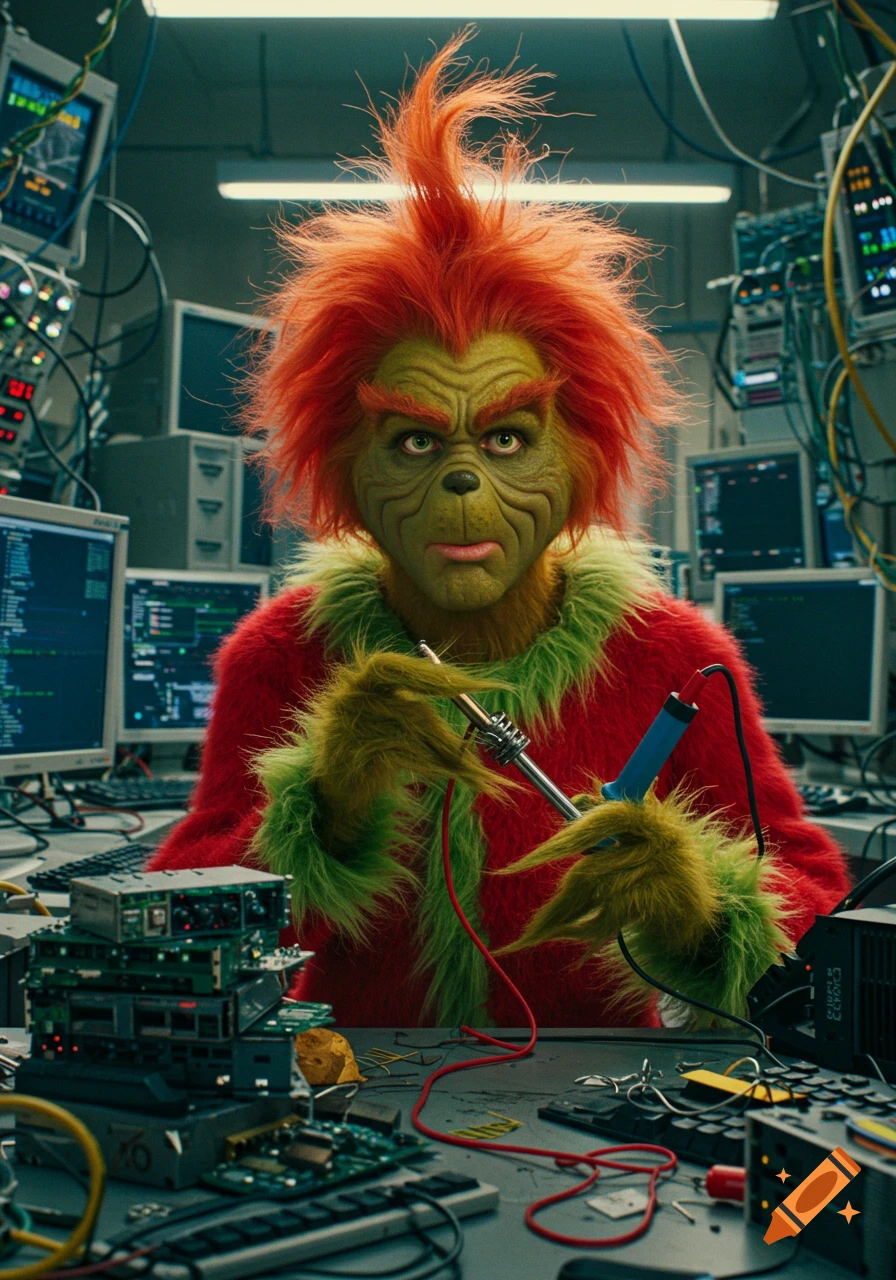 Green furry character resembling the Grinch with red hair working on ...