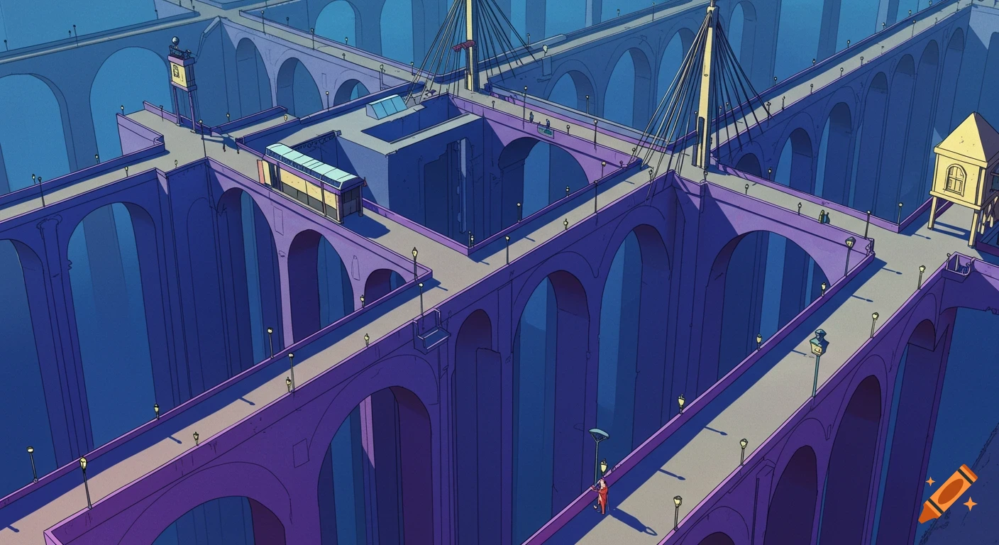 A complex network of purple bridges forms a maze, with figures and a ...
