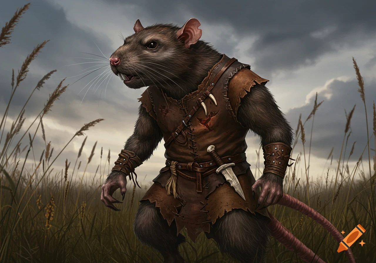 A humanoid rat creature in leather armor holds a knife in a field under ...