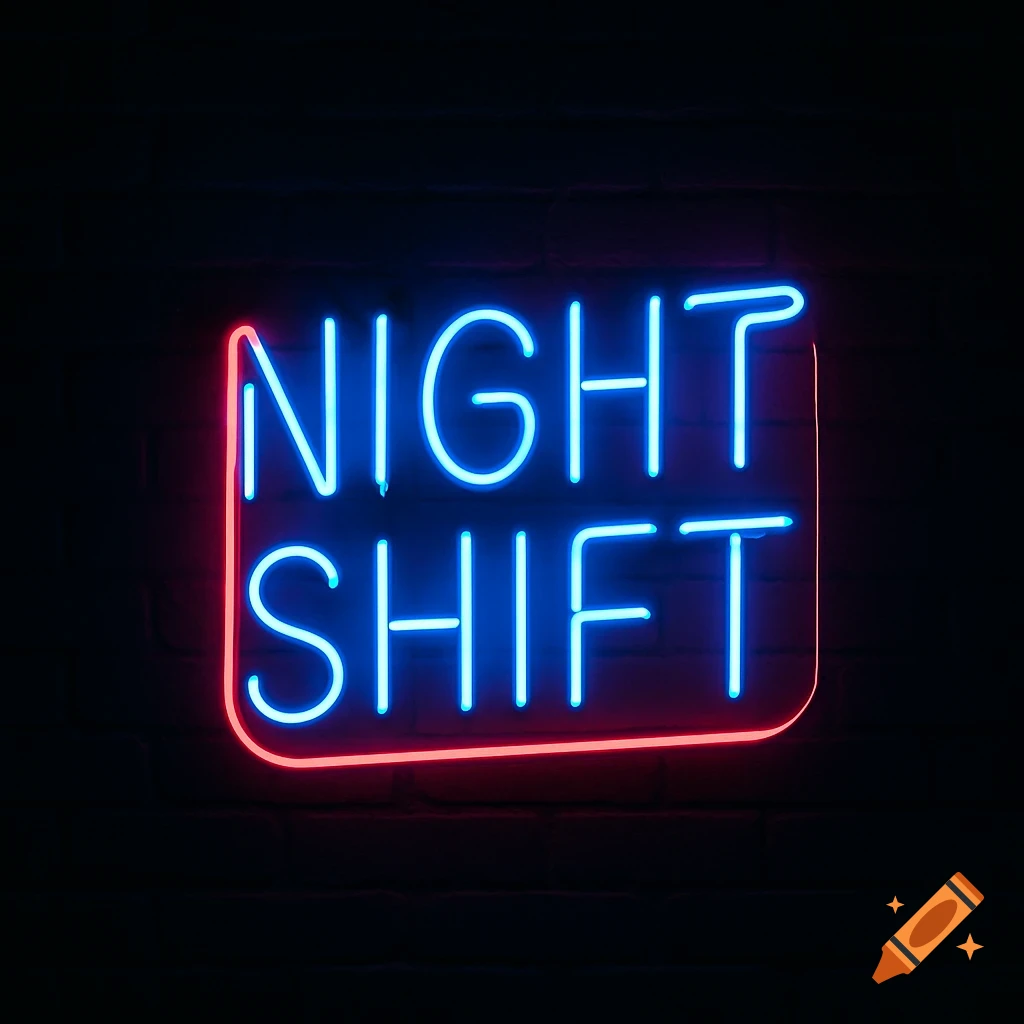 A blue and red neon sign that reads 'Night Shift' on a dark brick wall ...
