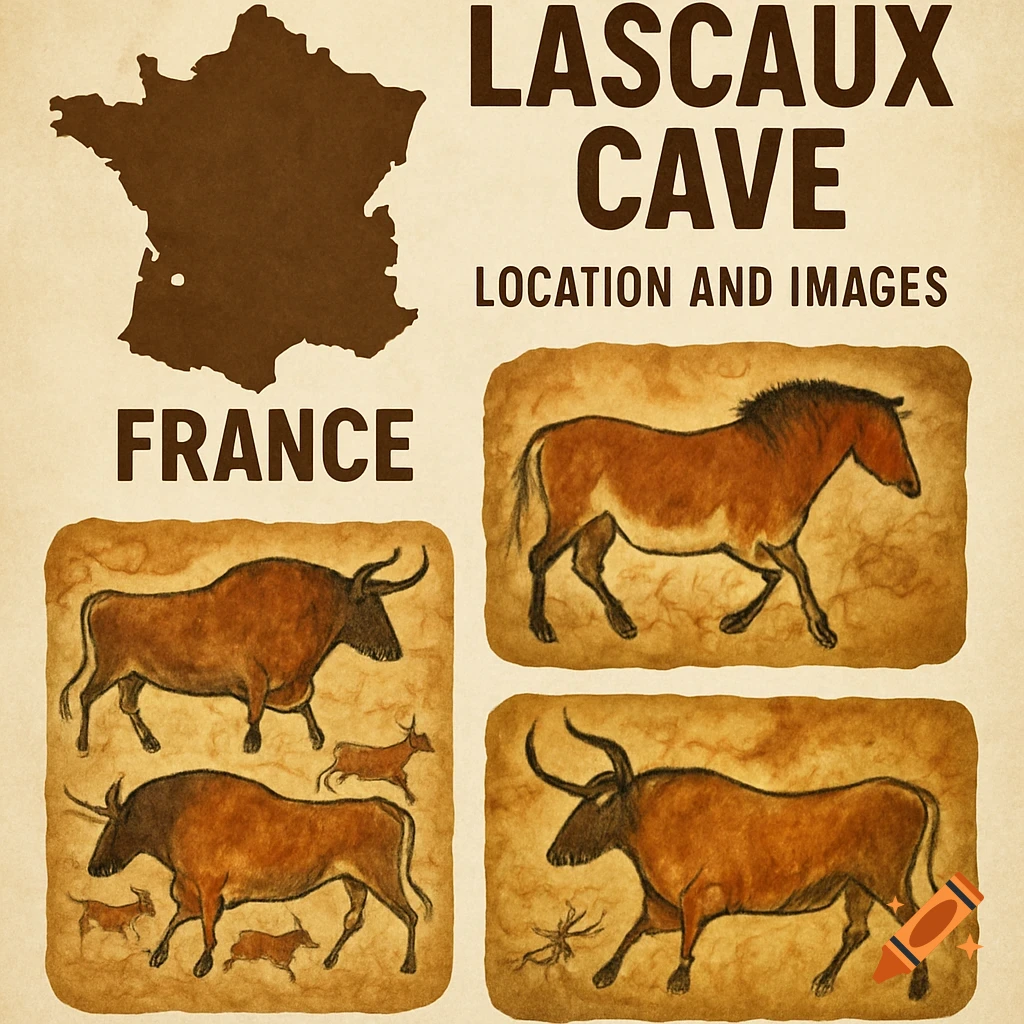 Infographic with map of France, text about Lascaux Cave, and ...