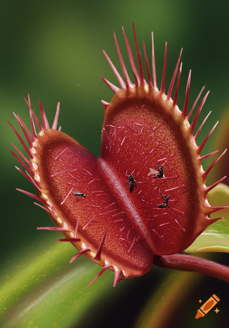 Close-up view of a red Venus flytrap plant with several small insects inside its open trap. on ...