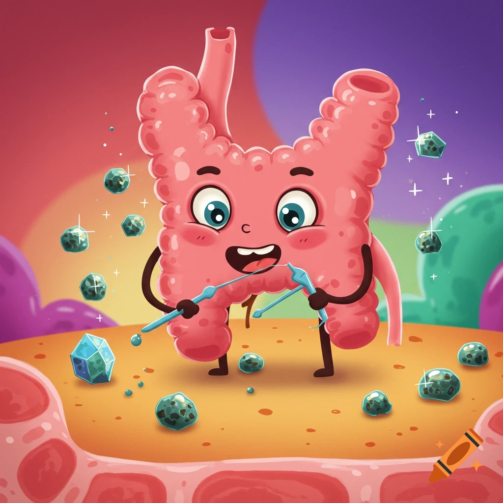 Cartoon parathyroid gland making stones with tools in an internal body ...