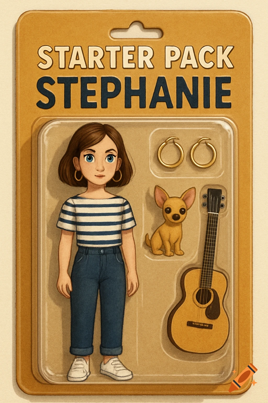 Illustration of 'STARTER PACK STEPHANIE' toy packaging with a character ...