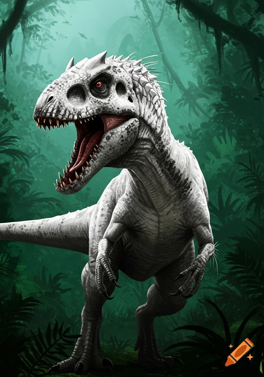 Illustration of a white and gray dinosaur roaring in a jungle. on Craiyon