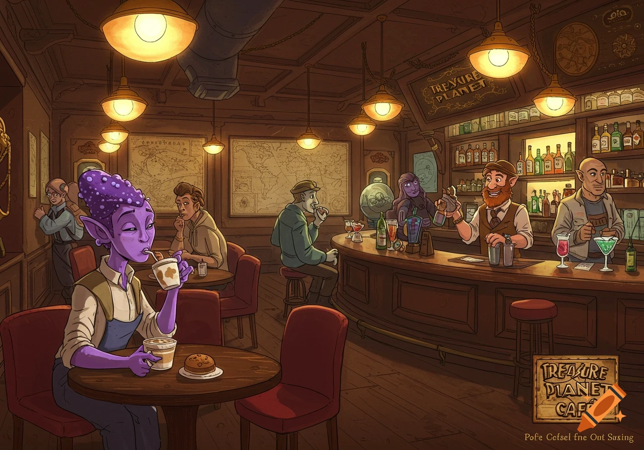 Cartoon style illustration of aliens and humanoids in a futuristic bar ...