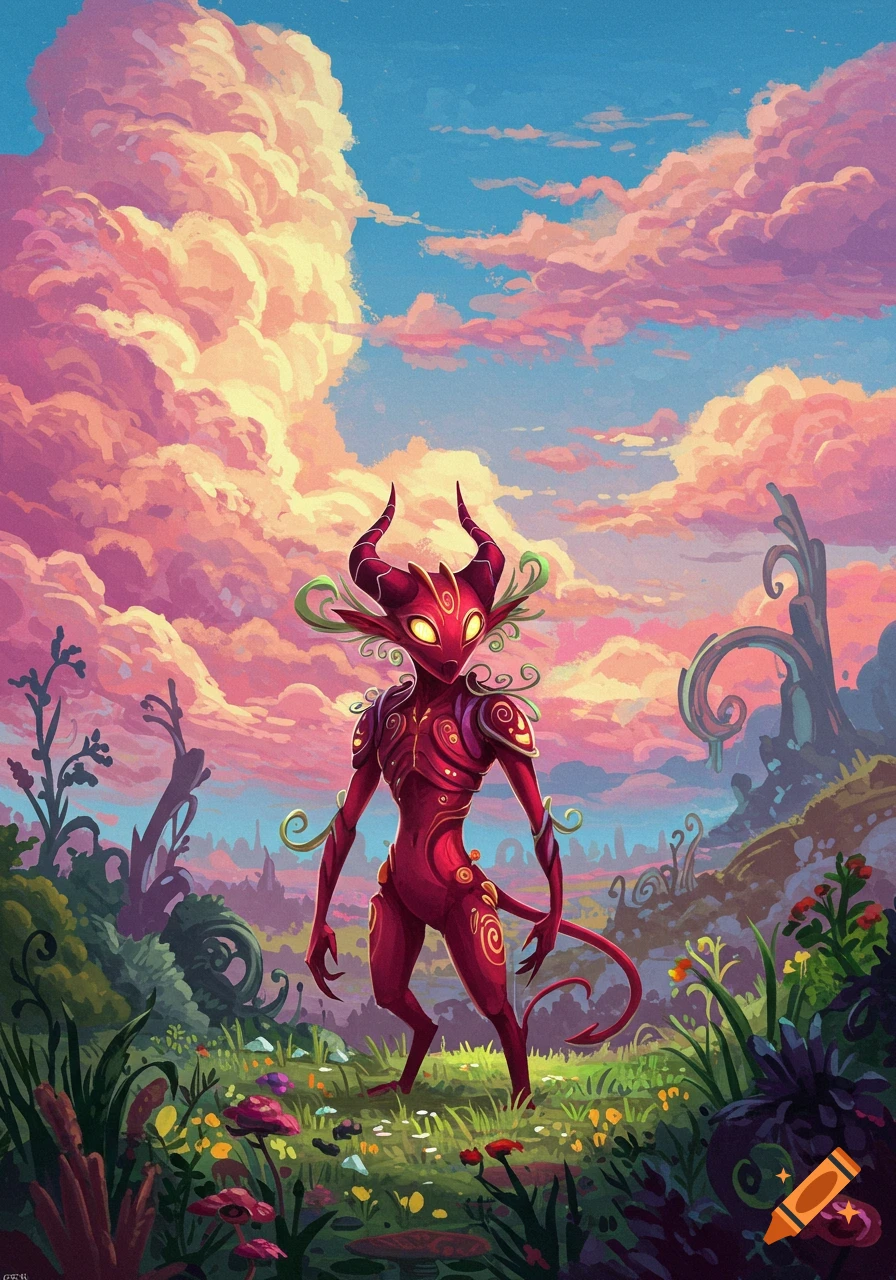 A red imp-like creature in a vibrant fantasy landscape under a pink and ...