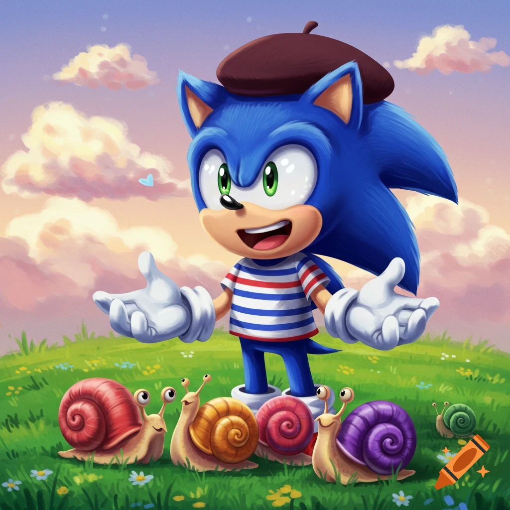 Cartoon illustration of Sonic the Hedgehog wearing a beret and striped shirt, standing among ...