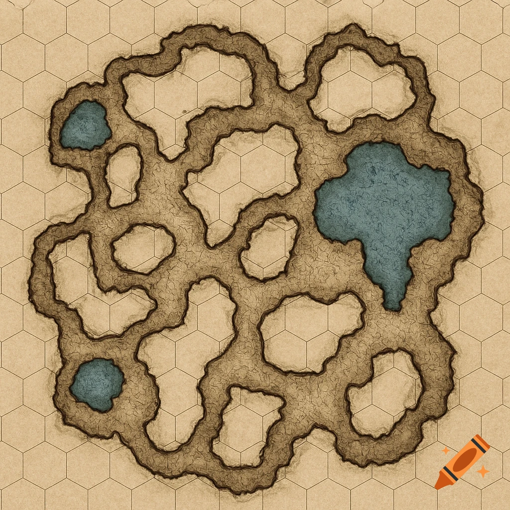 Top-down view of a fantasy cave map with paths, chambers, and pools on a hex grid. on Craiyon