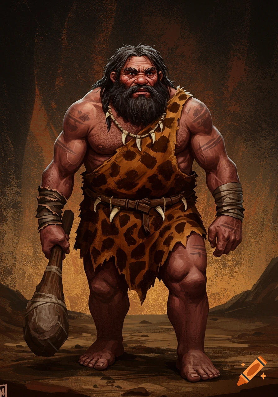 Stylized illustration of a muscular caveman with a beard, wearing ...