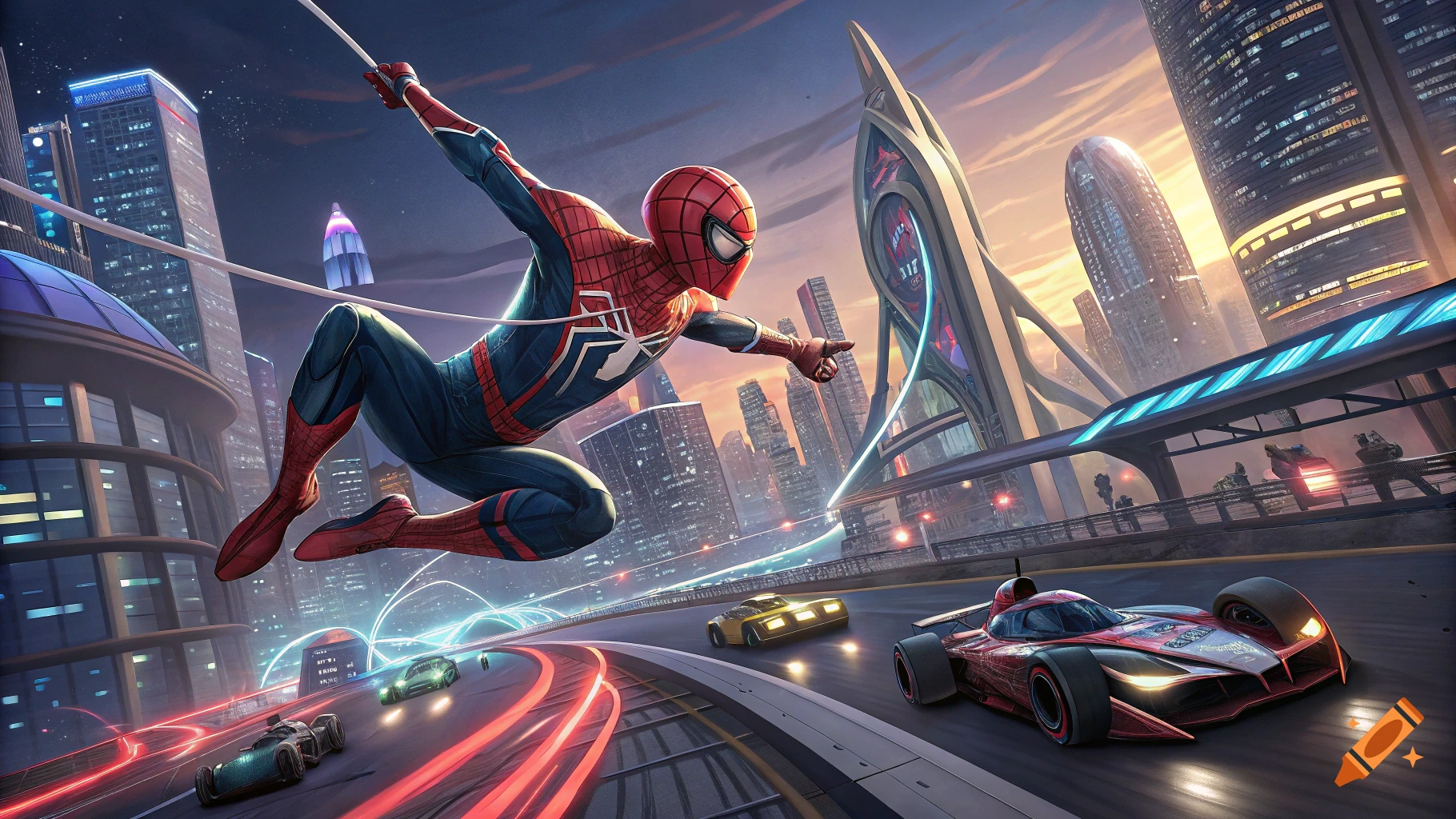 Spider-Man swings over a futuristic city with race cars on a track ...