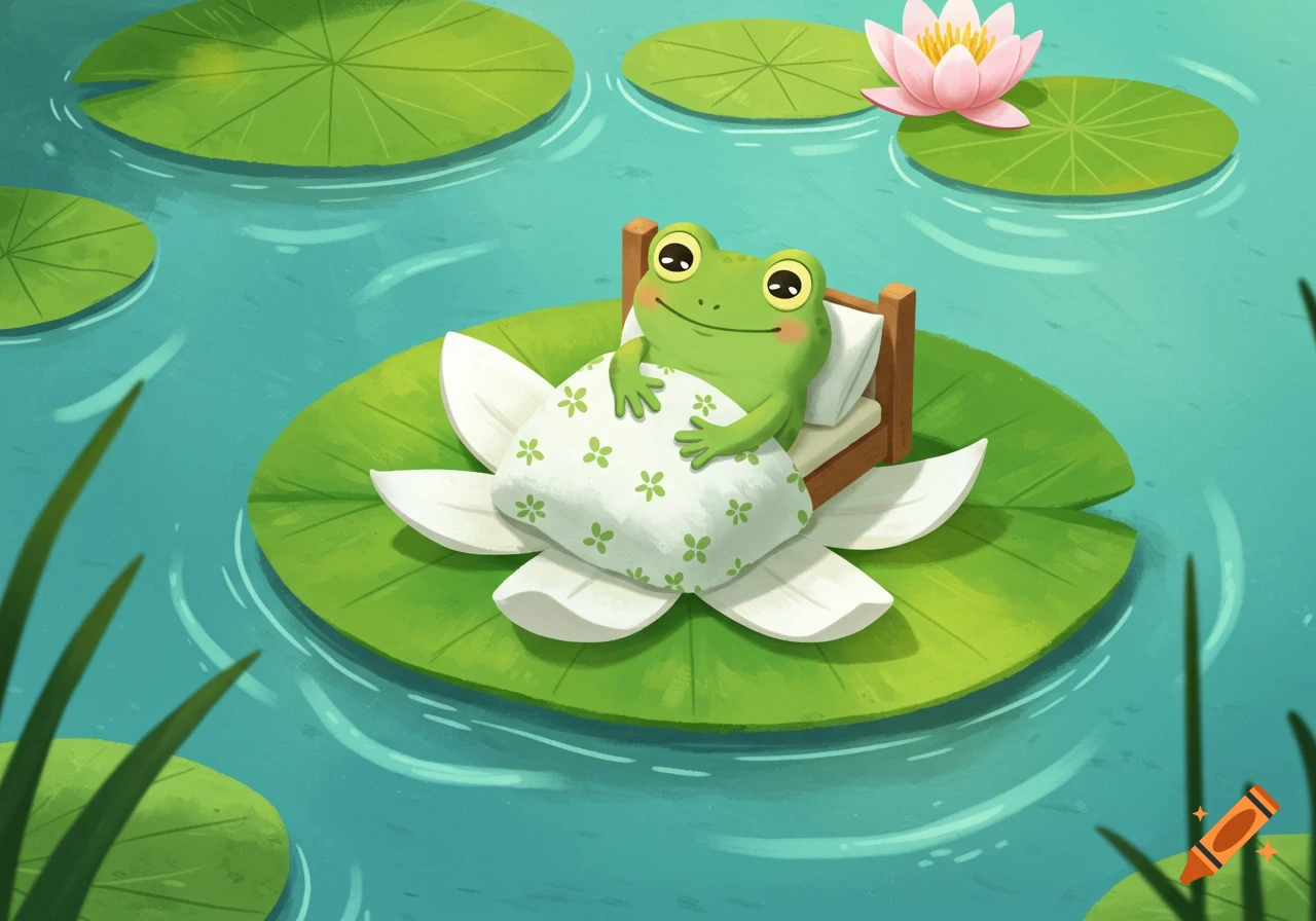 A cartoon frog sleeps in a small bed on a lily pad in a pond. on Craiyon
