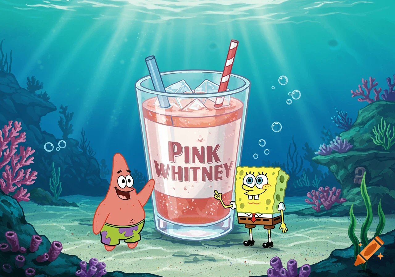 Spongebob and Patrick stand next to a large glass labeled PINK WHITNEY ...