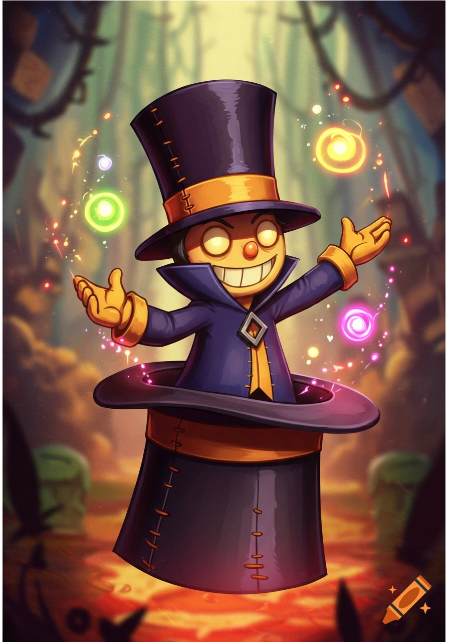 Cartoon character emerging from a top hat, conjuring floating colorful ...