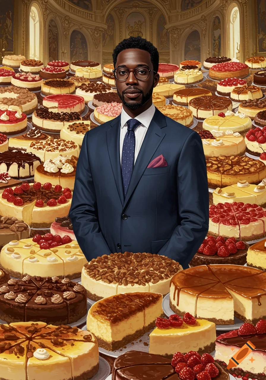 A man in a suit stands surrounded by dozens of cheesecakes on Craiyon